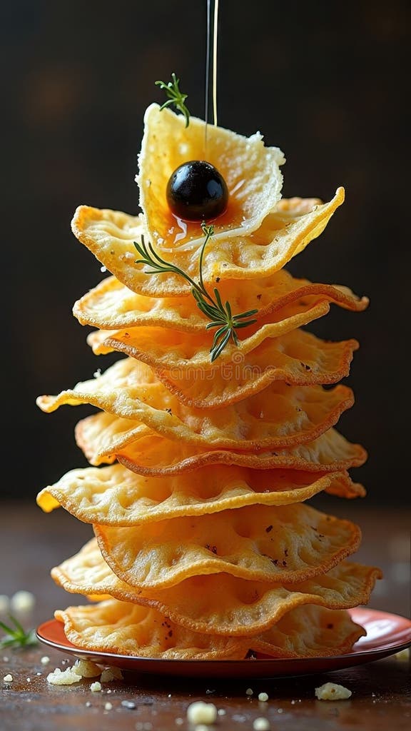 Stack of Crispy Fried Pastry with Honey Drizzle and Black Olive Garnish ...