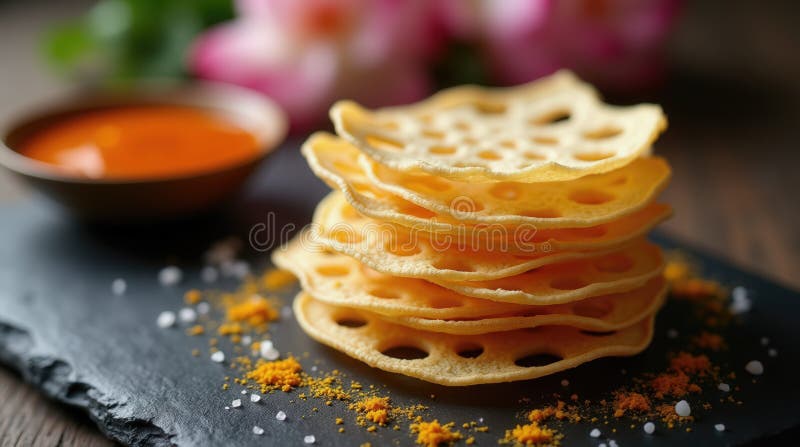 Stack of Crispy Lotus Root Chips Placed on a Slate Board beside a Small ...
