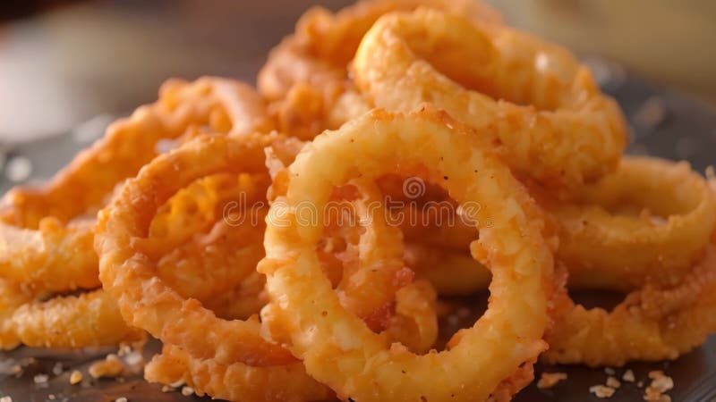A Stack of Crispy Onion Rings Arranged Neatly on a Wooden Table, a ...