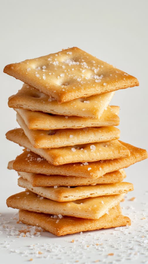 Stack of Crispy Square Crackers Sprinkled with Salt on White Background ...