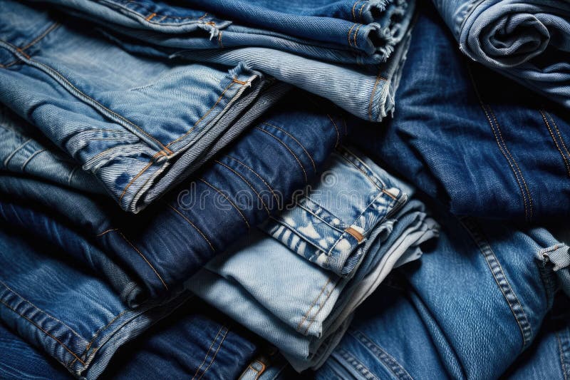 Stack of Crumpled Blue Jeans Arranged in a Textured Denim Background ...