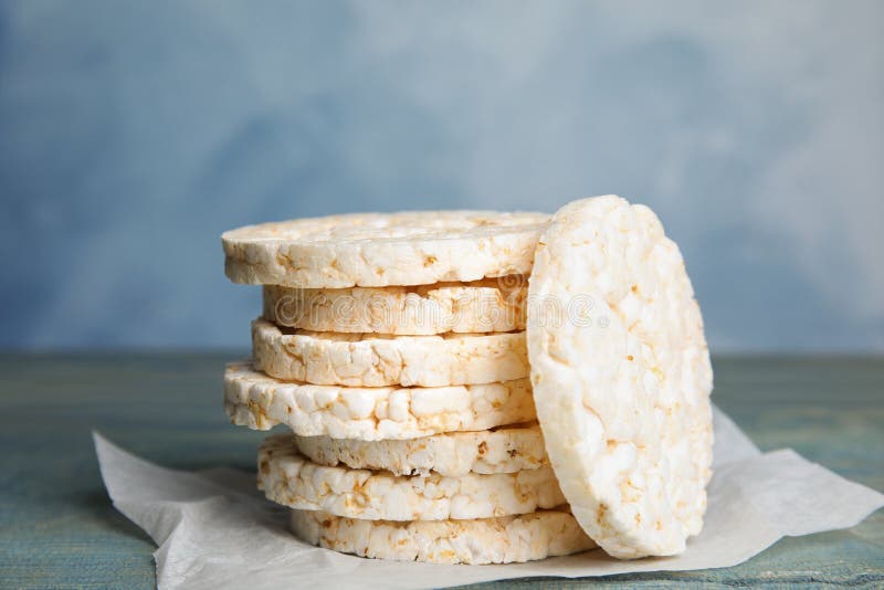 Stack of Crunchy Rice Cakes on Wooden Table Stock Image - Image of diet ...