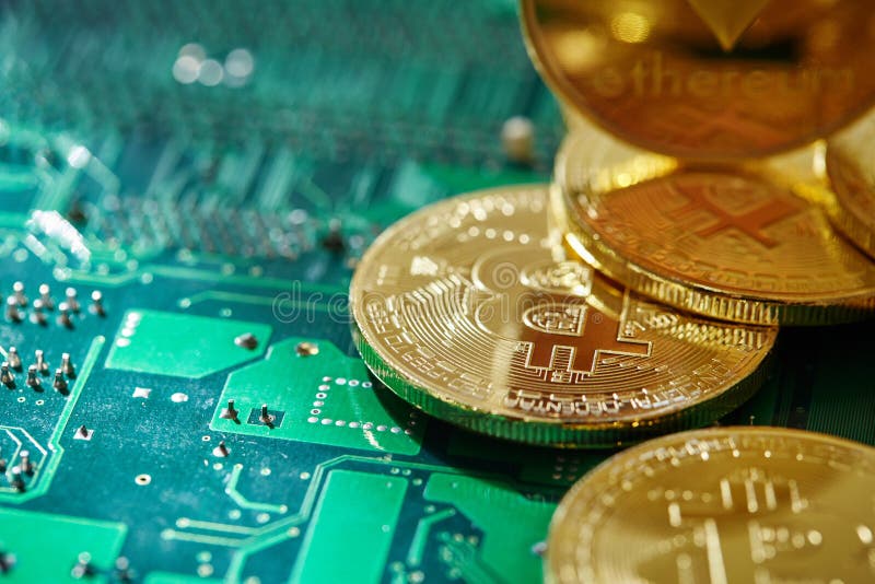 Stack of Cryptocurrencies on Motherboard. Bitcoin As Most Important ...