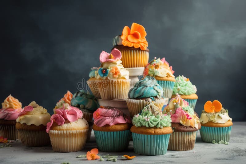 Stack of Cupcakes with Different Designs and Colors Stock Illustration ...