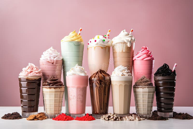 Stack of Cups, Each Holding Different Milkshake Flavor Stock ...