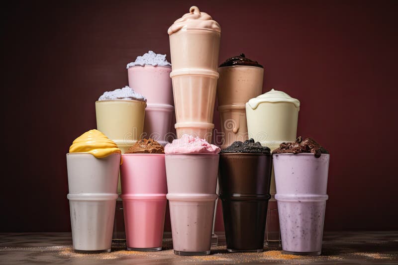 Stack of Cups, Each Holding Different Milkshake Flavor Stock Image ...