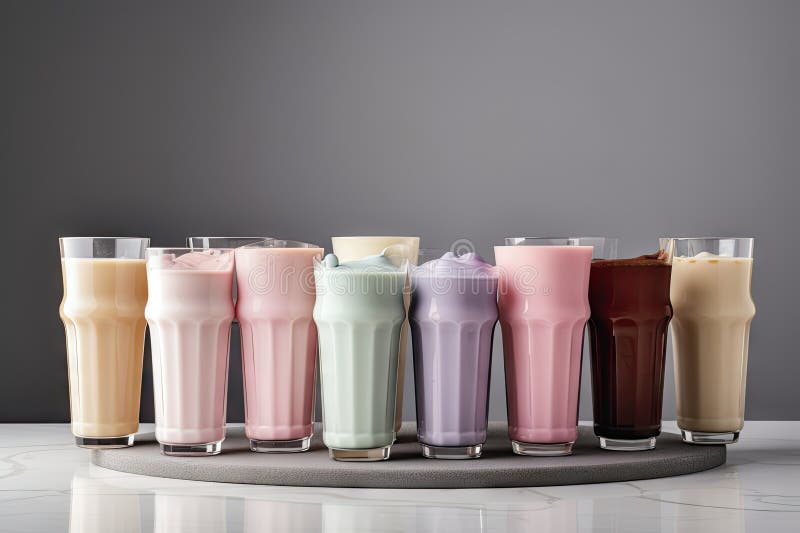 Stack of Cups, Each Holding Different Milkshake Flavor Stock ...