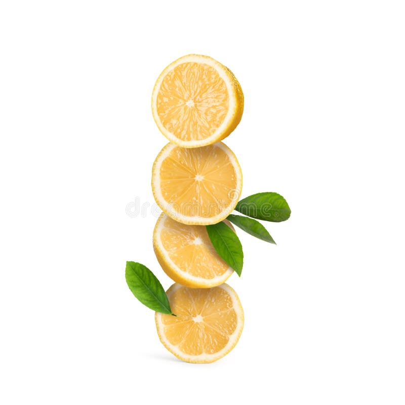 Stack of Cut Fresh Lemons with Green Leaves Isolated on White Stock ...