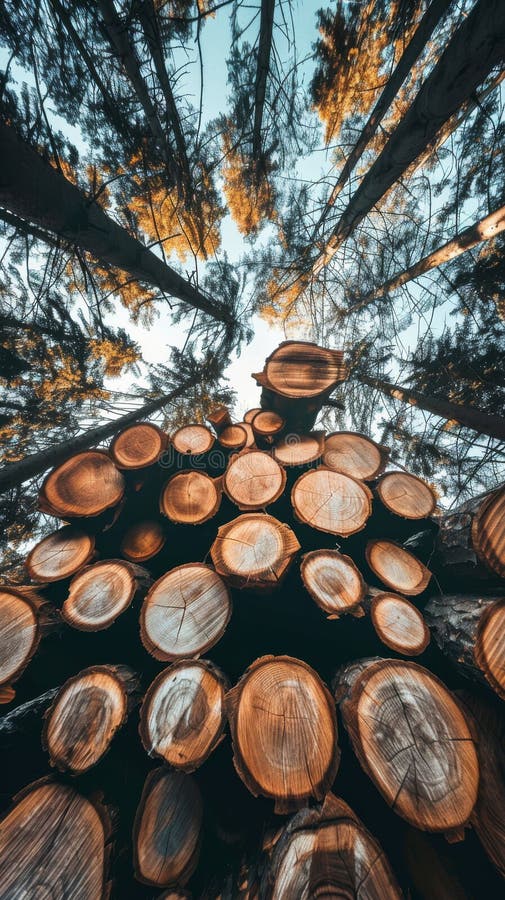 Stack of Cut Tree Logs in a Forest with Tall Trees, Looking Up at the ...