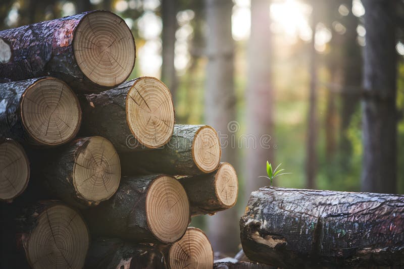Stack of Cylindrical Logs with Green Sprout, Symbolizing Life, Growth ...