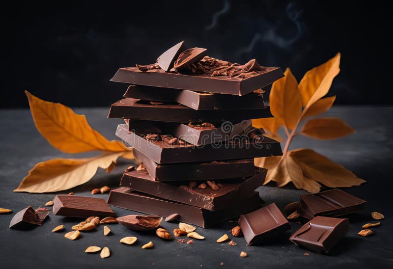 A Stack of Dark Chocolate with Cacao Chips and a Dry Leaf on Top Stock ...