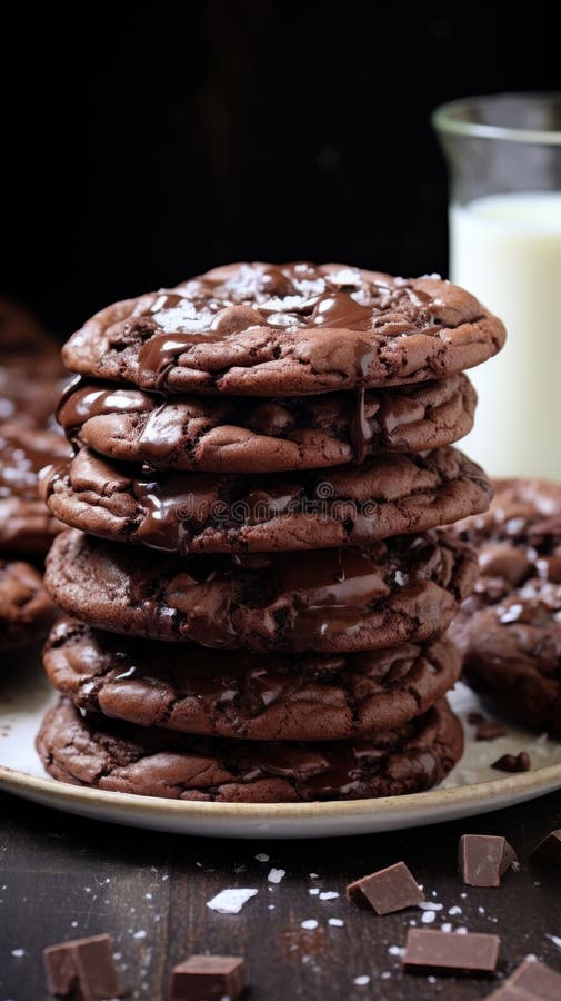 Stack of Decadent Homemade Chocolate Cookies with Sea Salt and Chunky ...