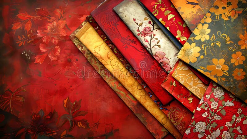 Stack of Decorative Papers, Floral Patterns, Red and Gold Colors ...