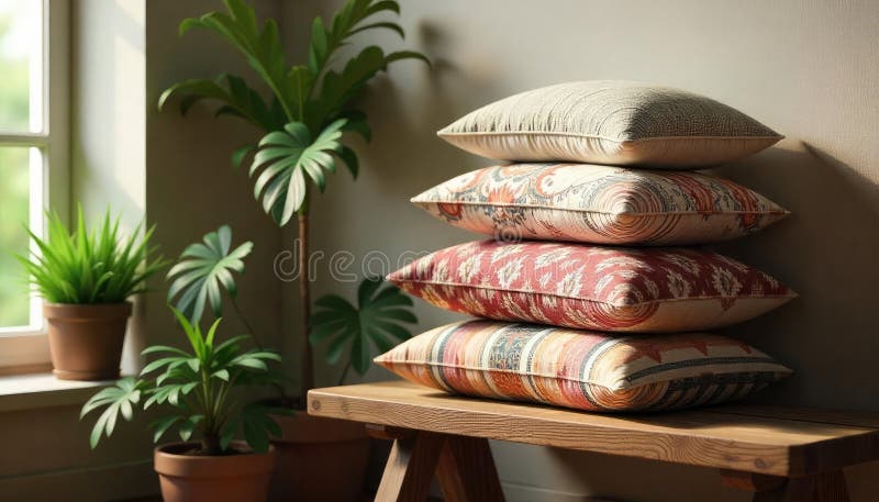 Stack of Decorative Throw Pillows on Wooden Bench Near Window with Plants Stock Illustration ...