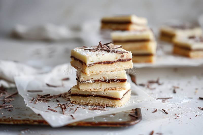 A Stack of Delectable White Chocolate Millionaire Shortbread Bars Stock ...