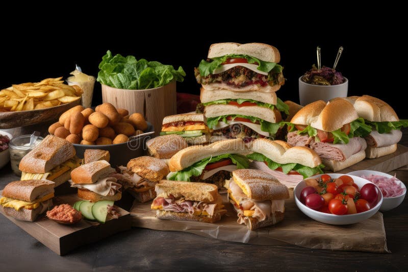 Stack of Deli Sandwiches and Wraps with Variety of Fillings, Side ...