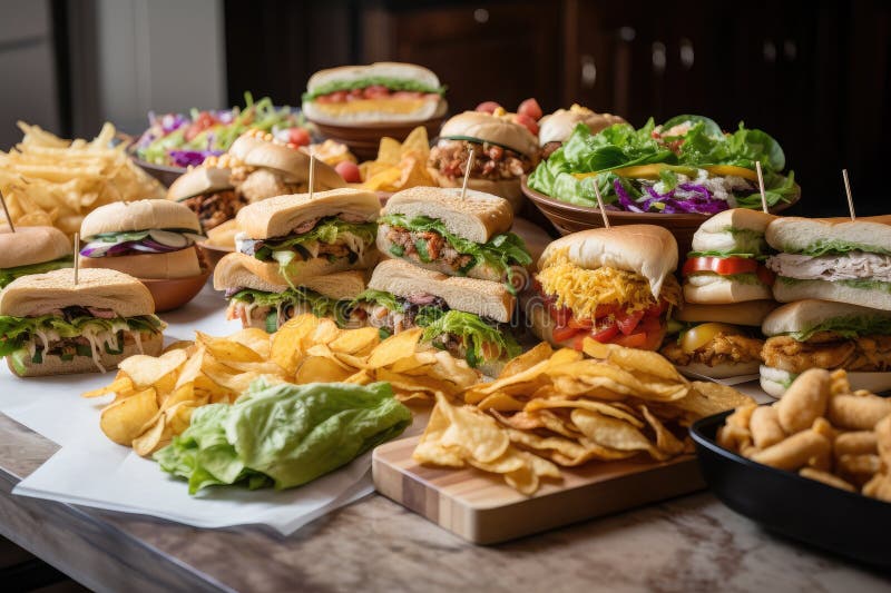 Stack of Deli Sandwiches and Wraps with Variety of Fillings, Side ...