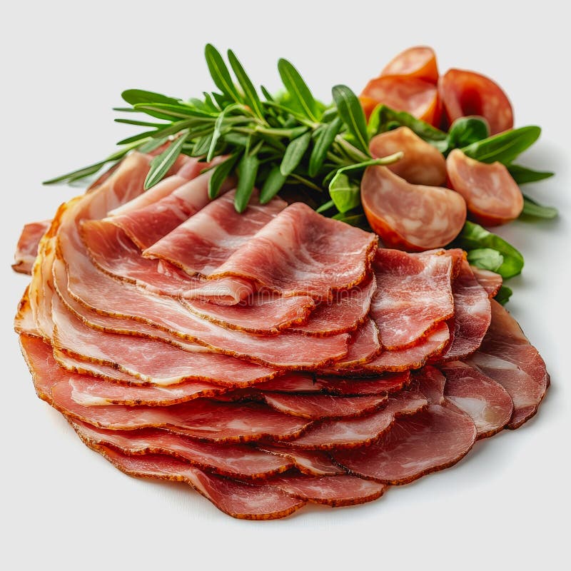Stack of Delicately Sliced Cured Meats with Fresh Herbs and Vegetables ...