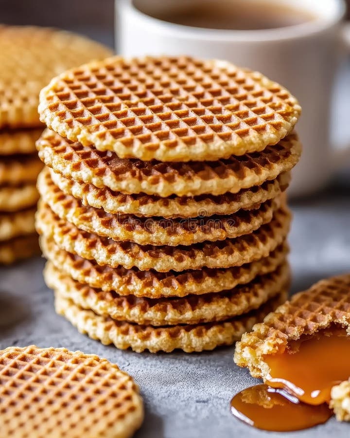 A Stack of Delicious Caramel-filled Waffle Cookies beside a Cup of ...