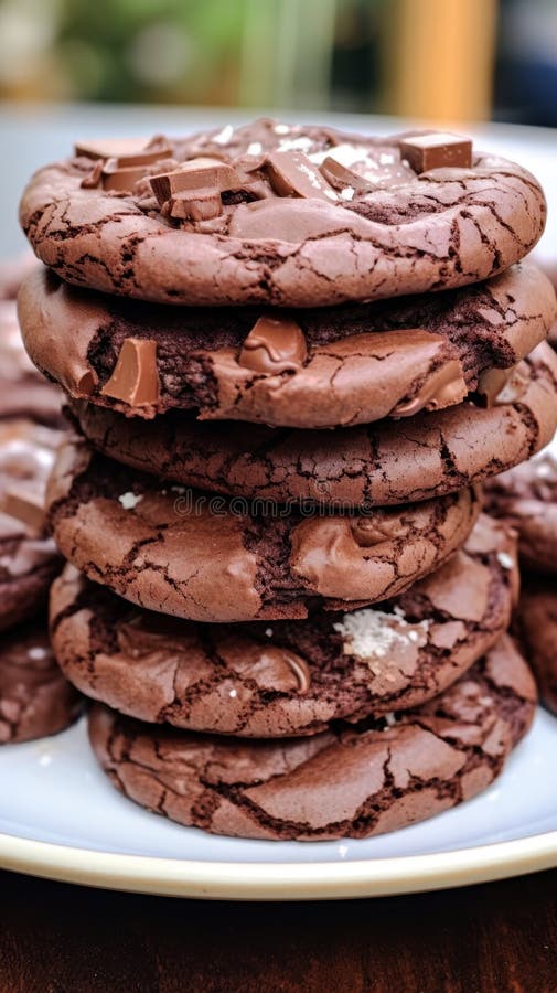 Stack of Delicious Chocolate Cookies with Chunky Chocolate Pieces and Sea Salt on a Plate Stock ...
