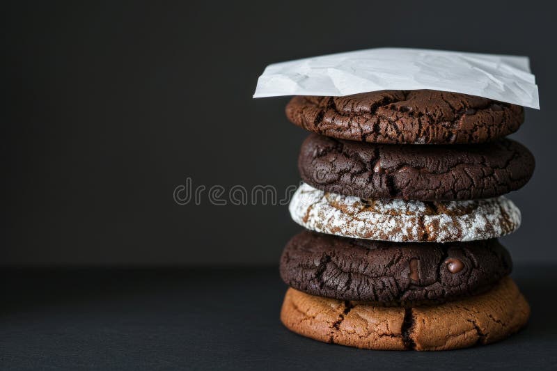 Stack of Delicious Chocolate Cookies with White Paper on Top on Dark ...