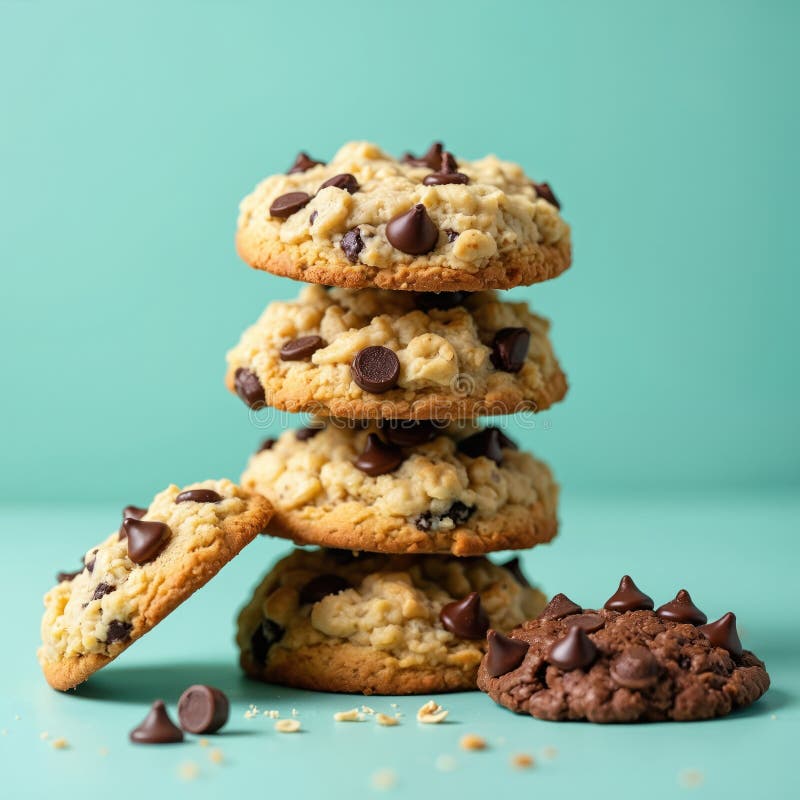 Stack of Delicious Cookies with Chocolate Chips, Oatmeal on Bright Mint ...