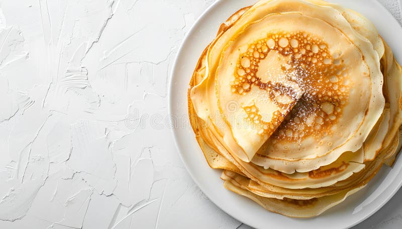 Stack of Delicious Crepes on Plate Against White Background, Top View ...