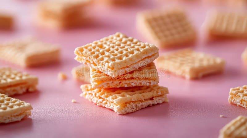 Stack of Crispy Wafers on a Pastel Pink Surface with Scattered Pieces ...