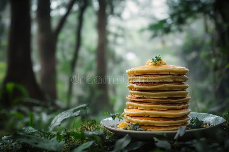 Stack of Delicious Pancakes with Forest Background and Herbs Stock ...