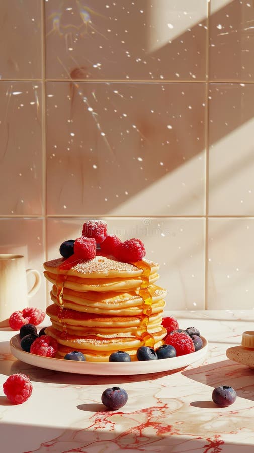 Stack of Delicious Pancakes with Raspberries and Blueberries, Syrup ...