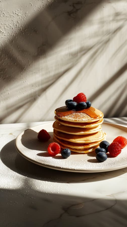 Stack of Delicious Pancakes with Raspberries and Blueberries, Syrup ...