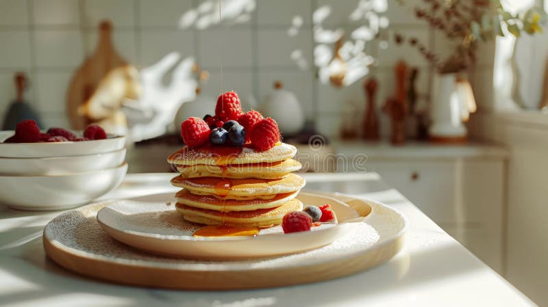 Stack of Delicious Pancakes with Raspberries and Blueberries, Syrup ...