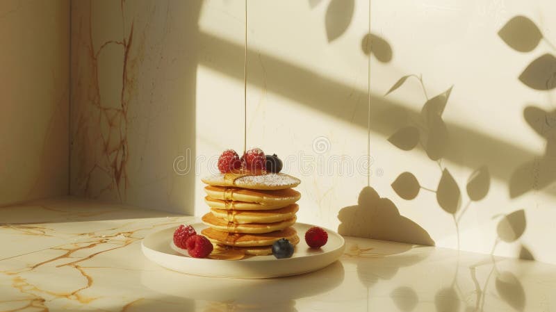Stack of Delicious Pancakes with Raspberries and Blueberries, Syrup ...