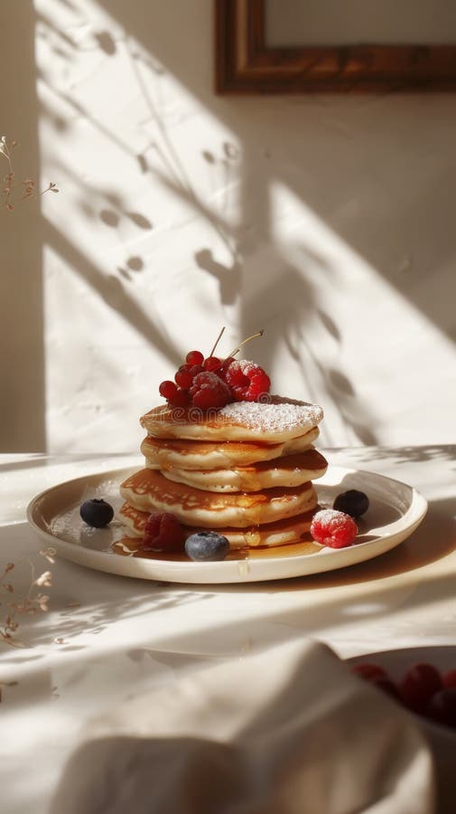 Stack of Delicious Pancakes with Raspberries and Blueberries, Syrup ...