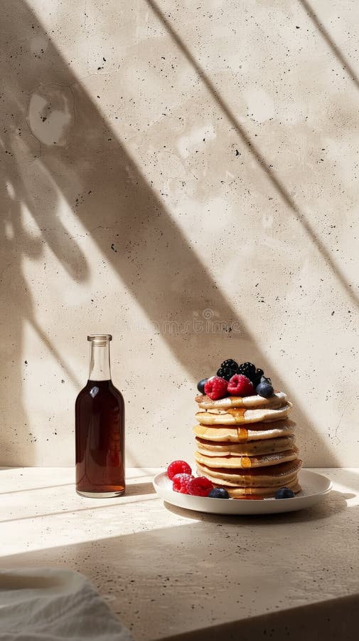 Stack of Delicious Pancakes with Raspberries and Blueberries, Syrup ...