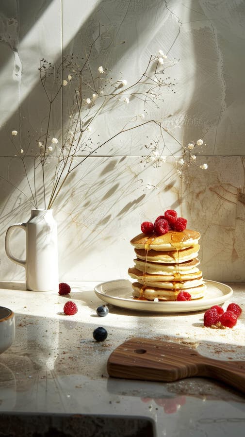 Stack of Delicious Pancakes with Raspberries and Blueberries, Syrup ...