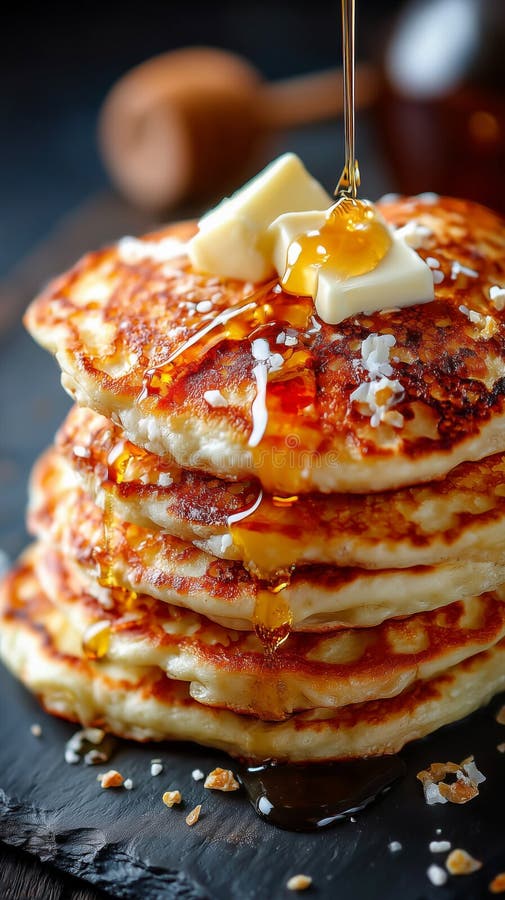 Stack of Delicious Pancakes Topped with Butter and Syrup on a Dark ...