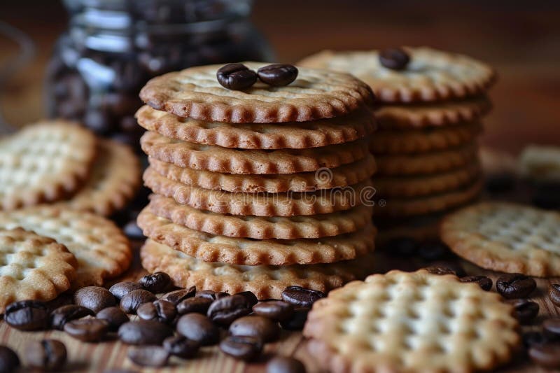 Stack of Delicious Round Crackers with Coffee Beans Surrounding Stock ...