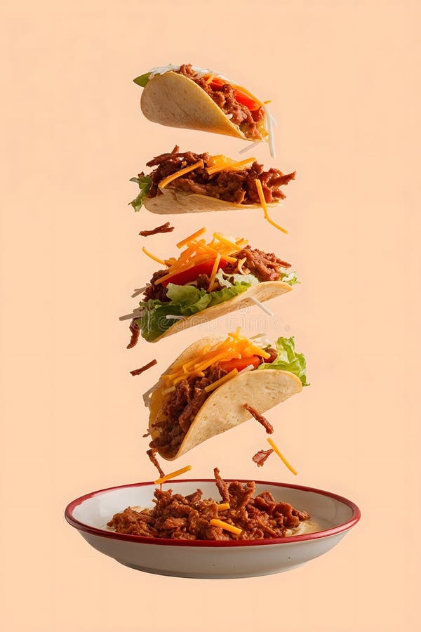 A Stack of Delicious Tacos Floats Above a Bowl on a Beige Background ...