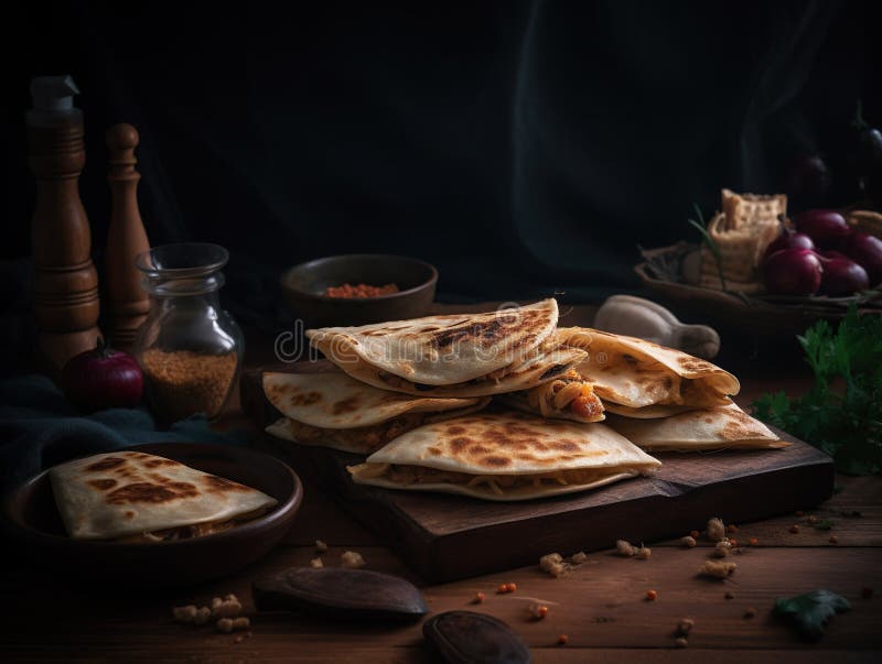 Stack of Delicious Tacos Made with Pita Bread. Rustic Background Stock ...