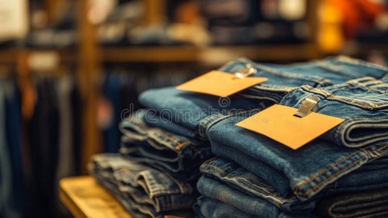 Stack of Denim Jeans with Price Tags in a Clothing Store Stock ...