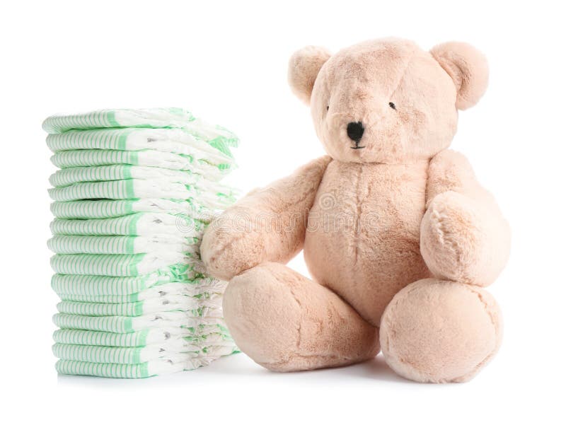 Stack of Diapers and Teddy Bear on White Background Stock Photo - Image ...