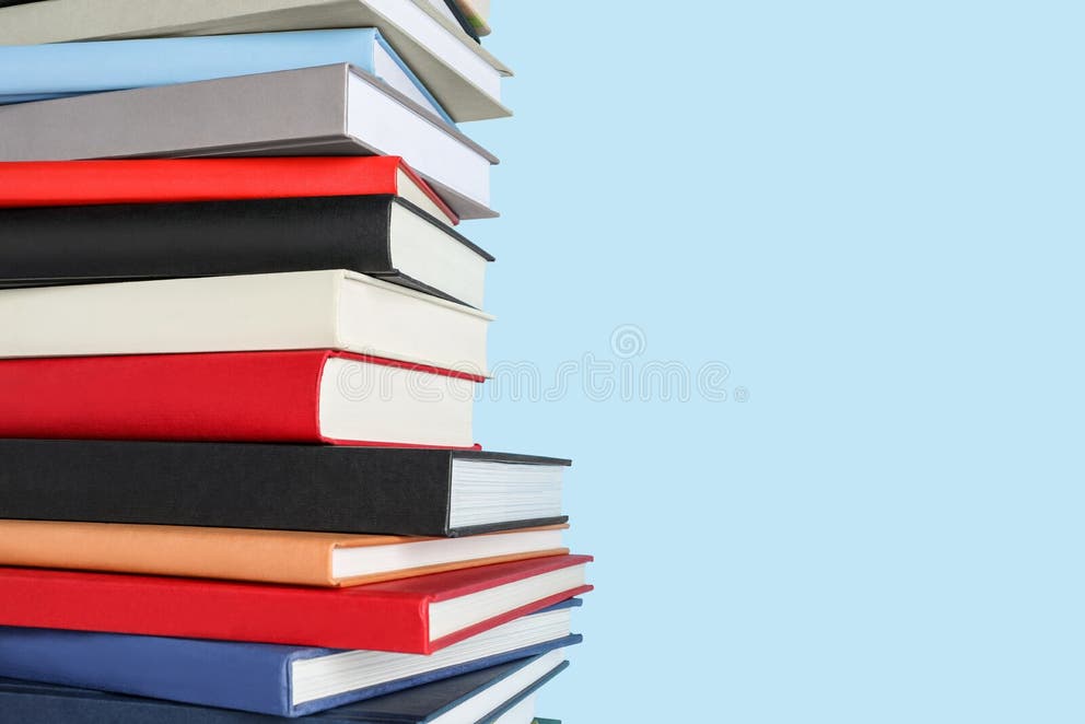 Stack of Different Books on Light Blue Background, Space for Text Stock ...