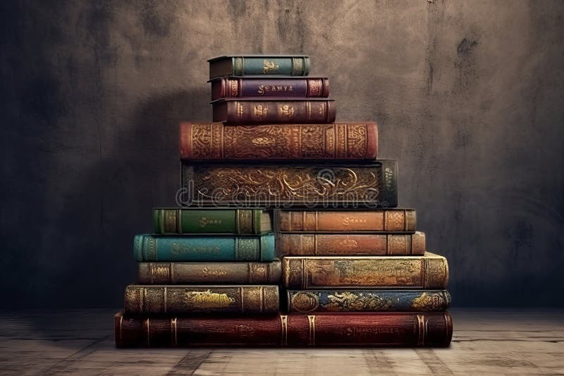A Stack of Different Books by Size and Color on a Brown Background ...
