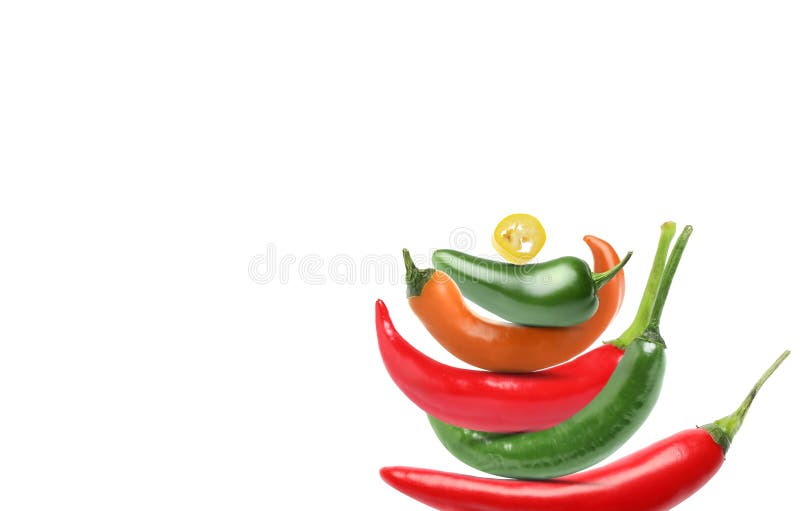 Stack of Different Chili Peppers on White Background Stock Image ...