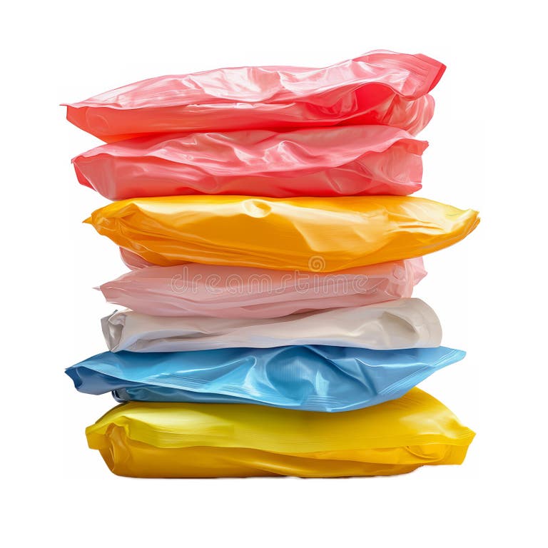 Stack of Different Colored Plastic Bags, Neatly Arranged and Isolated ...
