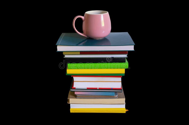 Stack of Books and Cup of Coffee, Isolated on Black Stock Image - Image ...