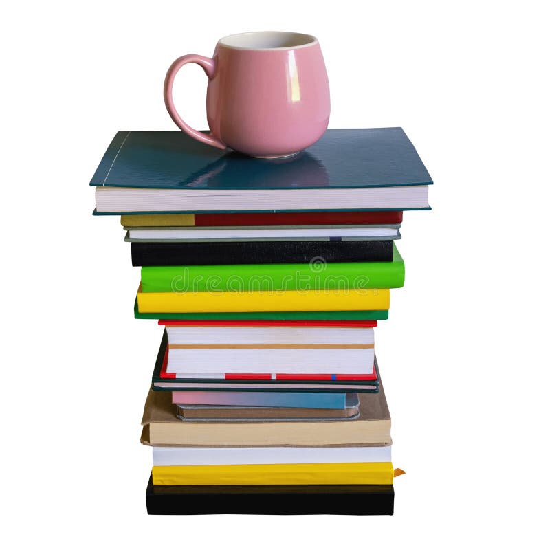 Stack of Books and Cup of Coffee, Isolated on White Stock Image - Image ...