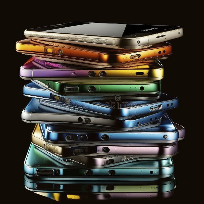 A Stack of Different Colored Mobile Phones on a Black Background Stock ...