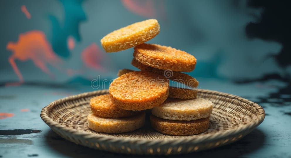 Stack of Different Flavored Rice Cakes on a Woven Basket, Creative ...